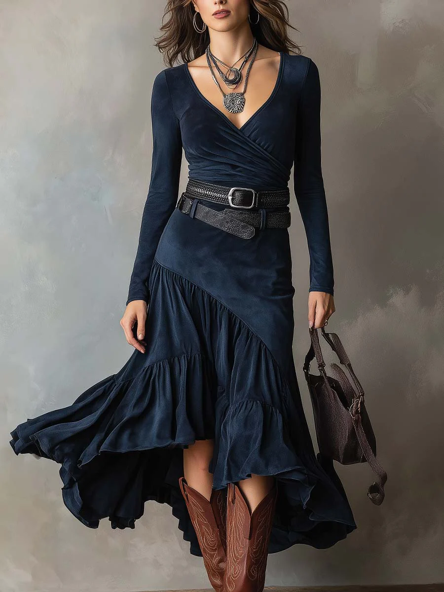 Navy Blue Crossover V-neck Faux Suede Irregular Maxi Dress(with belt ...